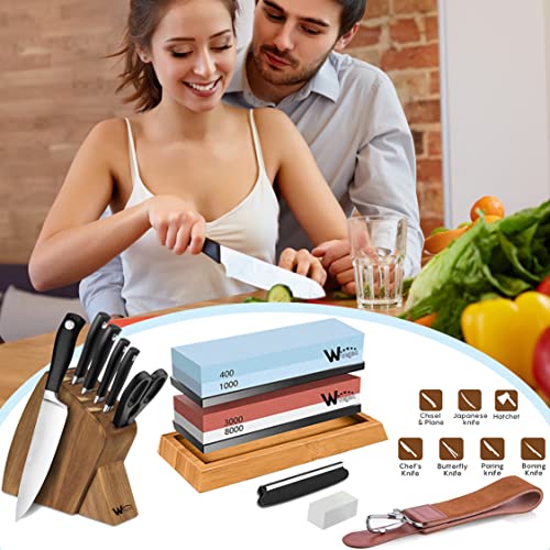 Wucgea Knife Sharpening Stone Kit - 400/1000 3000/8000 Grit Japanese Whetstone Sharpener set with Non-slip Rubber Base Angle Guide Flattening stone and Leather Stropā¦