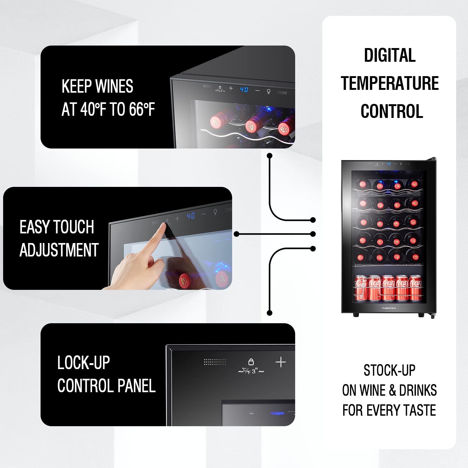 Phiestina Wine Cooler Beverage Refrigerator Freestanding Wine Refrigerator,24 Bottles or 20 Bottles 14 cans Beer Fridge,Removable Shelves Interior Lighting Digital Touch Control for Home/Bar/Office