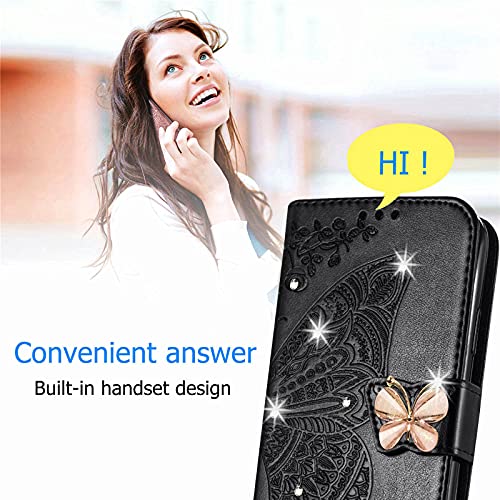 ONV Wallet Case for OnePlus N20 SE -1.5M Adjustable Strap Emboss Butterfly Flip Phone Case Card Slot Magnet Leather Shell Flip Stand Cover for OnePlus N20 SE [ZS] -Black
