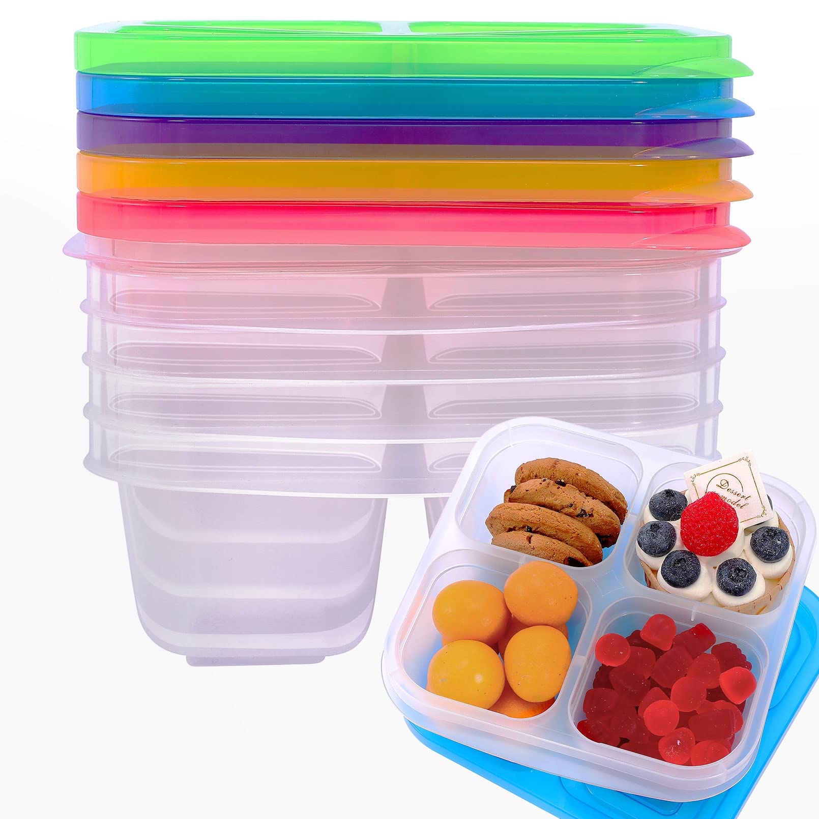 Zebbtne 5Pack Bento Snack Boxes,4 Compartment Snack Containers,Reusable Divided Meal Prep Container for Adults,Bento Snack Food Containers with Lids for Work Travel Picnic,5 Classic Colors