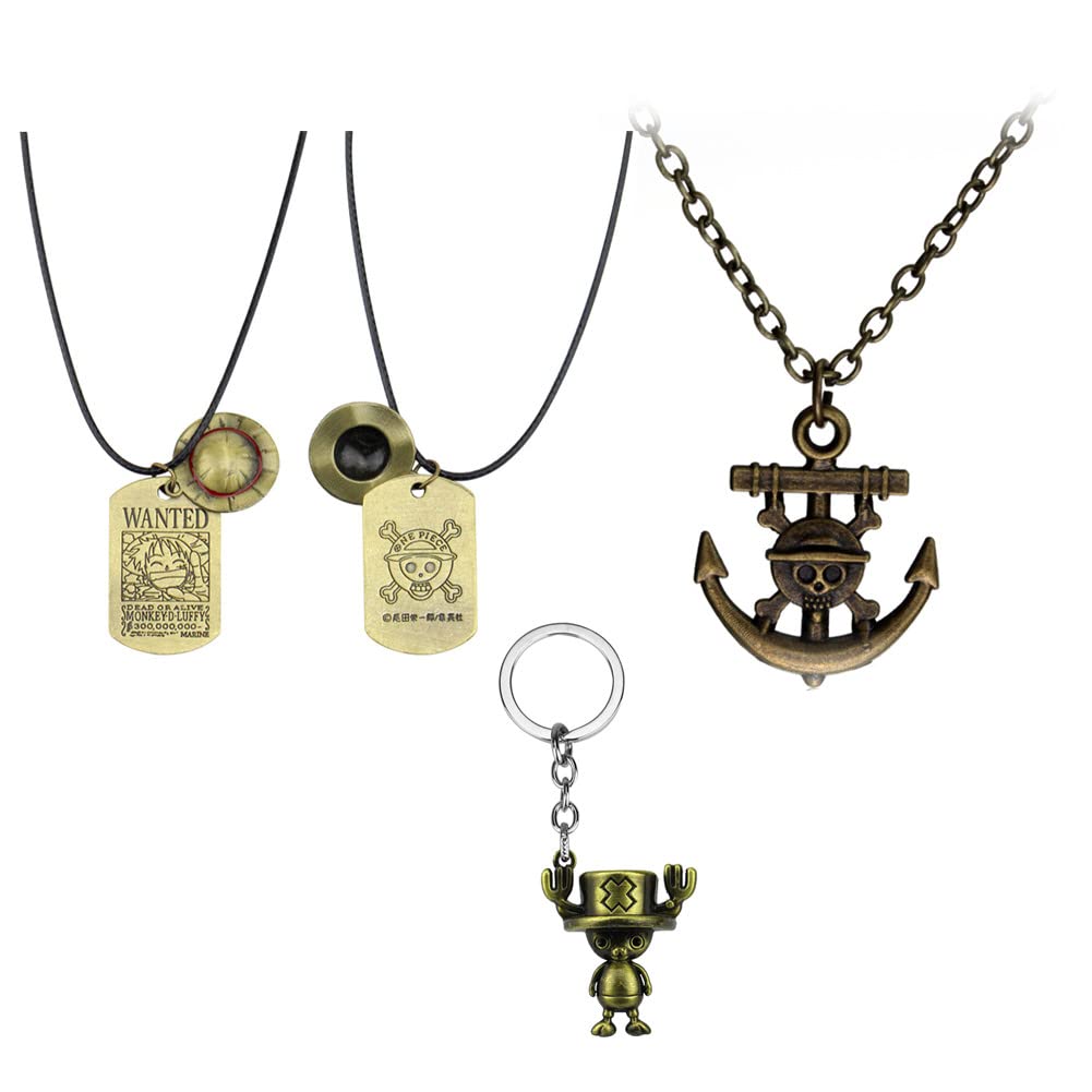 XCFS 3 Pack/Set Anime One Piece Merchandise Monkey D Luffy Skull/Anchor Mark Luffy Hat/Chopper Key chain Bronze Color KeyChain stuff Pendants Necklace For Man Women Fans