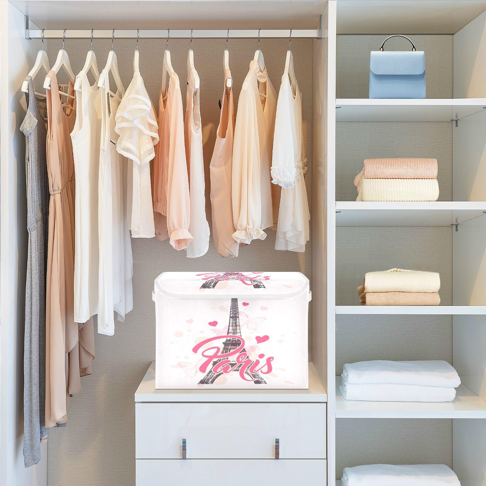 SUABO Paris Eiffel Tower Storage Bin with Lid, Pink Large Oxford Cloth Butterfly Love Storage Boxes Foldable Home Cube Baskets Closet Organizers for Nursery Bedroom Office