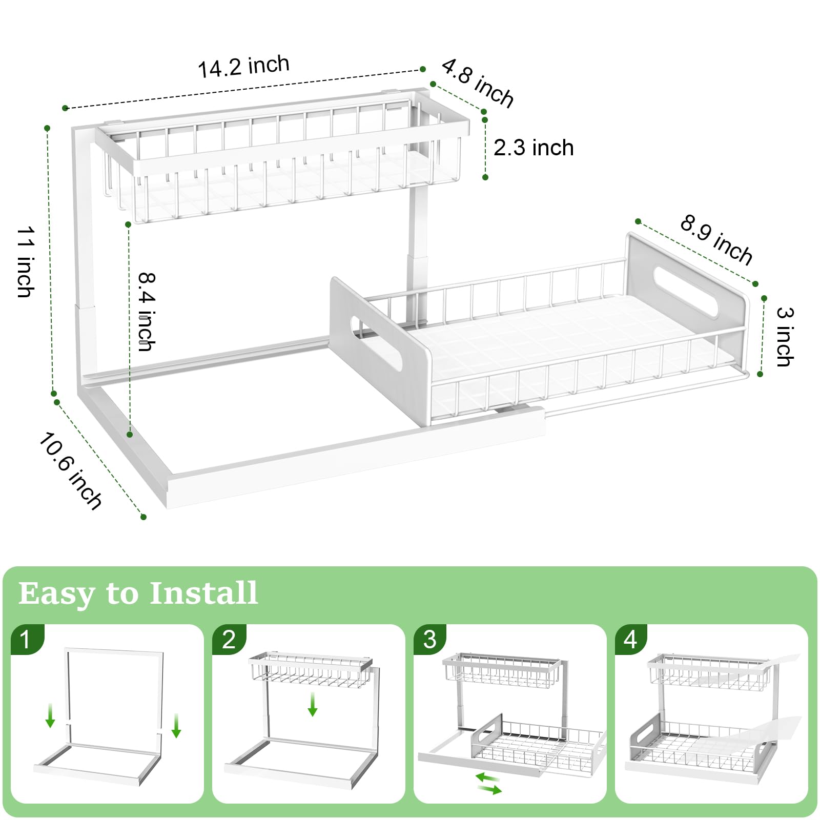 REALINN Under Sink Organizer, Pull Out Cabinet Organizer 2 Tier Slide Out Sink Shelf Cabinet Storage Shelves, Under Sink Storage for Kitchen Bathroom Cabinet, White, 2 Pack