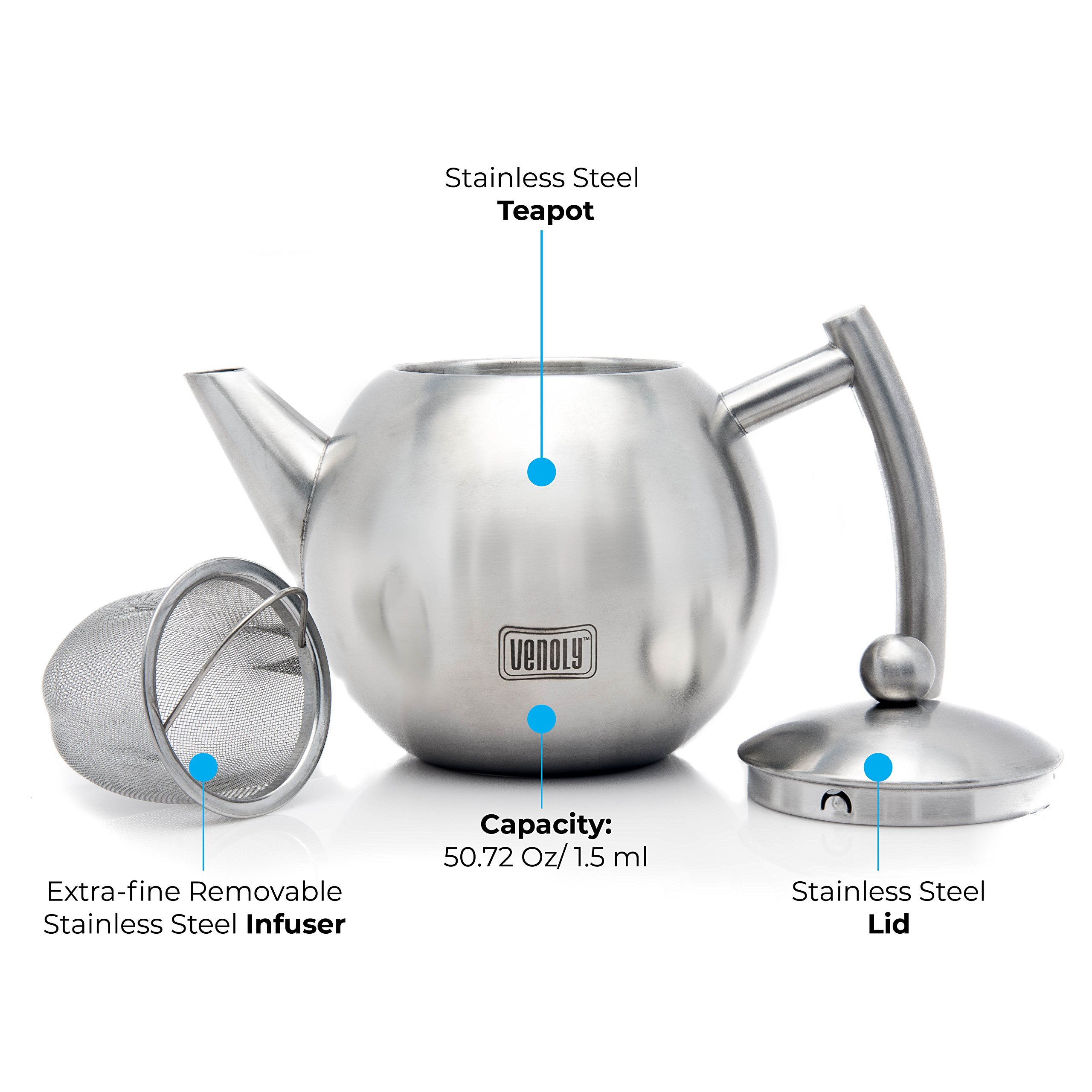 Stainless Steel Tea Pot With Removable teapot Infuser For Loose Leaf & Tea Bags - Dishwasher Safe & Heat Resistant - 1.5 Liter - By Venoly