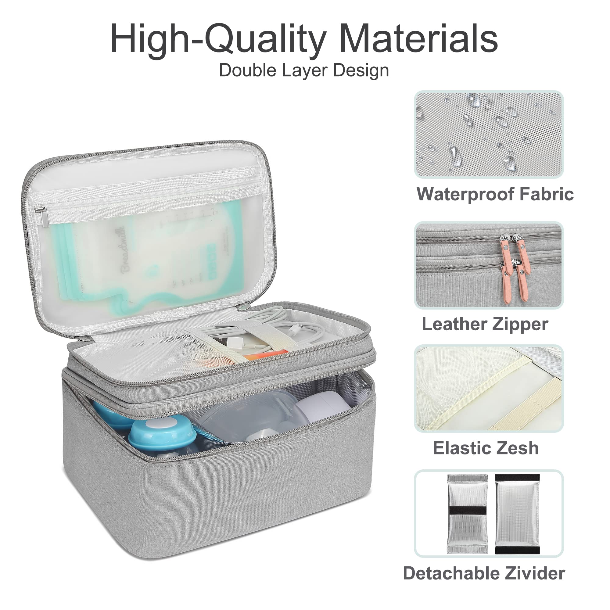 QIUXQIU Breast Pump Bag for Hands-Free Wearable Breast Pumps、Bottles,Pump Parts, and Storage Bag,Tote Bag,Multi-Function Breastmilk Cooler Bag Insulated Bag(Gray)