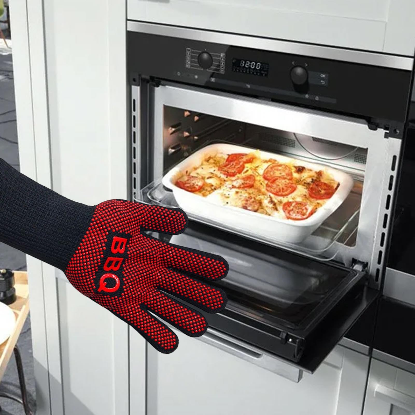 Oven Gloves, 3 Layers Heat-Resistant BBQ Gloves, Washable Kitchen Pot Glove, Non-Slip Oven Mitts Set, Long Cuffs Kitchen Grill Gloves for Homes, Barbecue, Grilling, Cooking, Baking and Camping