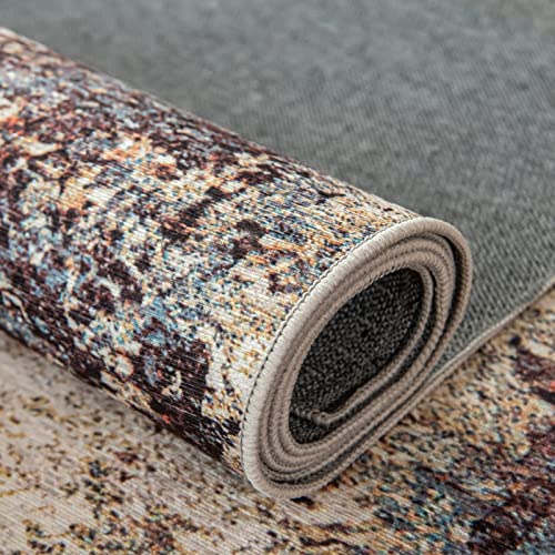 OIGAE Washable Rug 5x7, Abstract Modern Area Rugs with Non-Slip Backing, Non-Shedding Floor Mat Throw Carpet for Living Room Bedroom Kitchen Laundry Home Office, Gold/Brown