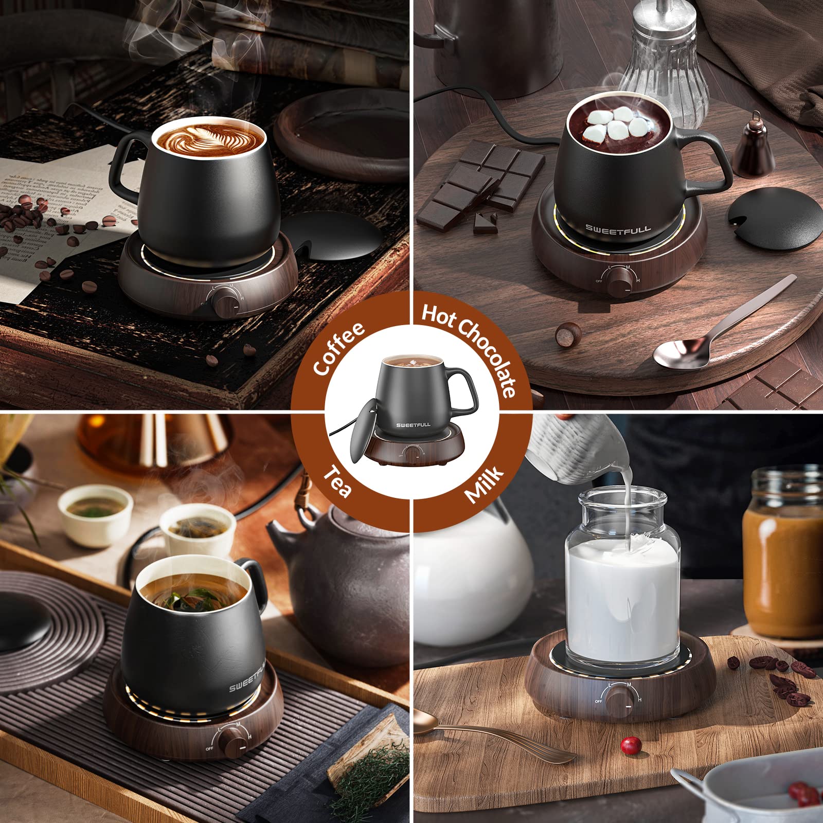 SWEETFULL Mug Warmer for Coffee and Tea Coffee Mug Warmer W/Mug and Lid Coffee Warmer As Coffee Gifts for Desk Office Coffee Lovers. (20W Cup Warmer Candle Warmer Auto Shut Off) (Wood Grain)