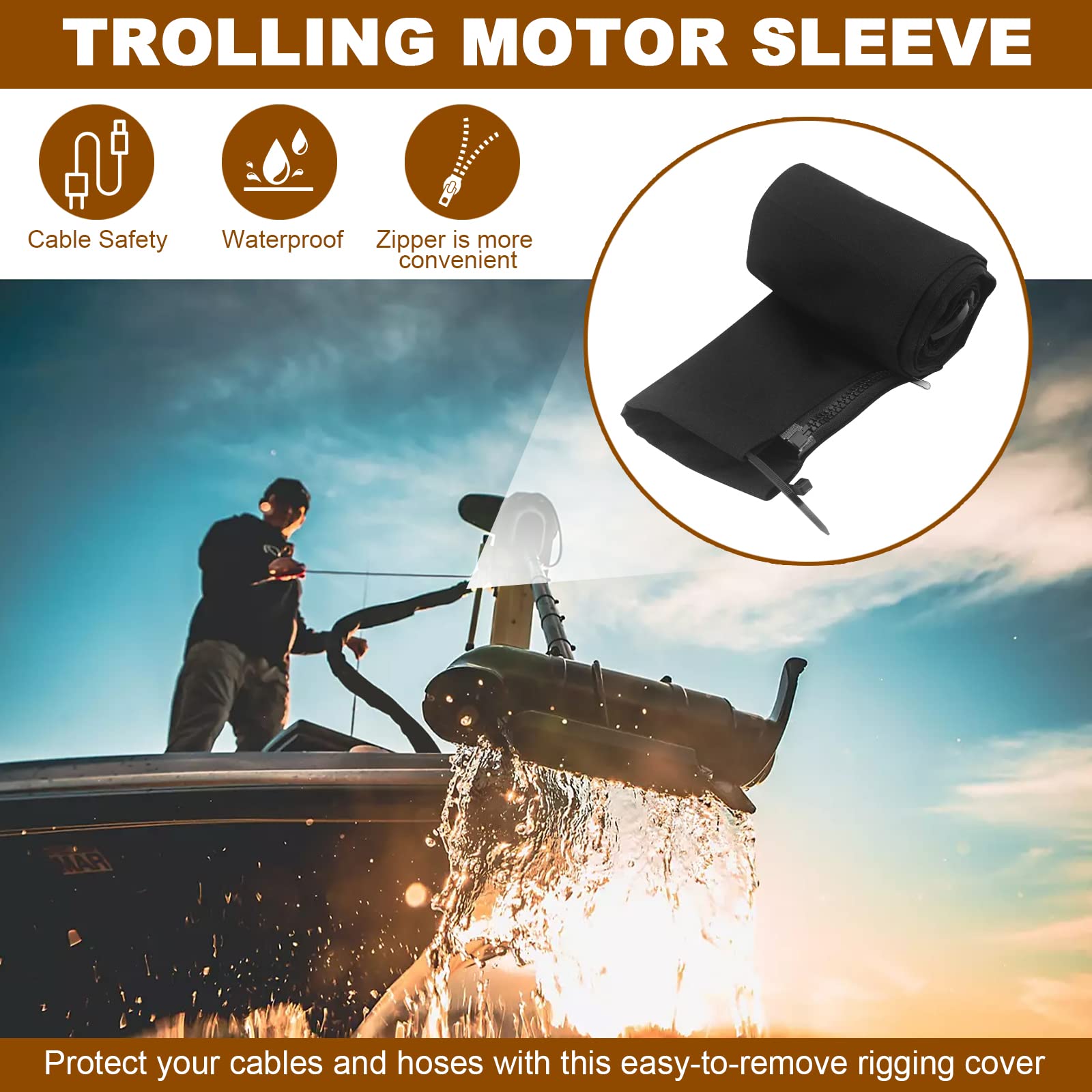 Zippered Rigging Sleeve 48-Inch Long Black,Trolling Motor Sleeve Management Sleeve Wrap,Trolling Motor Wires/Cable Organizer Sleeve Outboard Rigging Sleeve Sleeve for Cover Wire and Extension Cords
