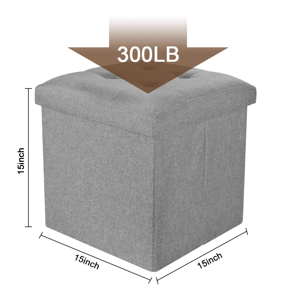 TOUCH-RICH Folding Cube Storage Ottoman with Padded Seat Linen Fabric Footrest Memory Foam 15” x 15” x 15”-2 Packs(Light Grey)