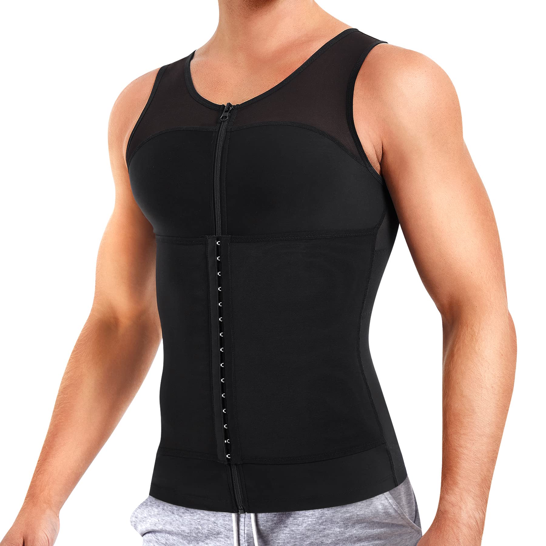 Wonderience Compression Shirts for Men Zipper Slimming Body Shaper Waist Trainer Tank Top Vest with Hooks(Black,Small)
