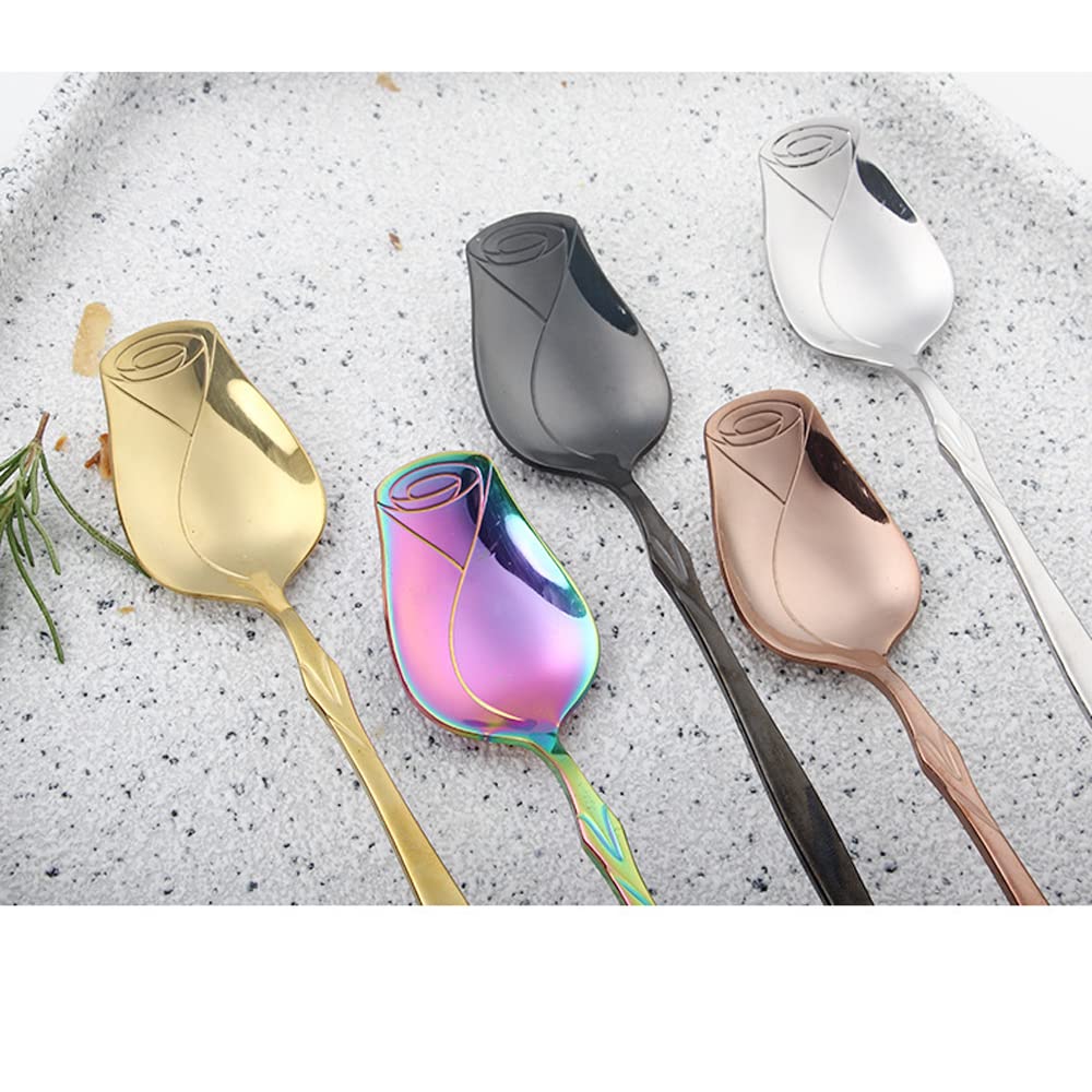 Stainless Steel Spoon Set 5 Pack, Rose flower shaped spoon, Coffee spoon,Dessert Spoon, Ice Cream Spoons, tea spoons,Love spoon, Cute holiday gift (Multicolor)