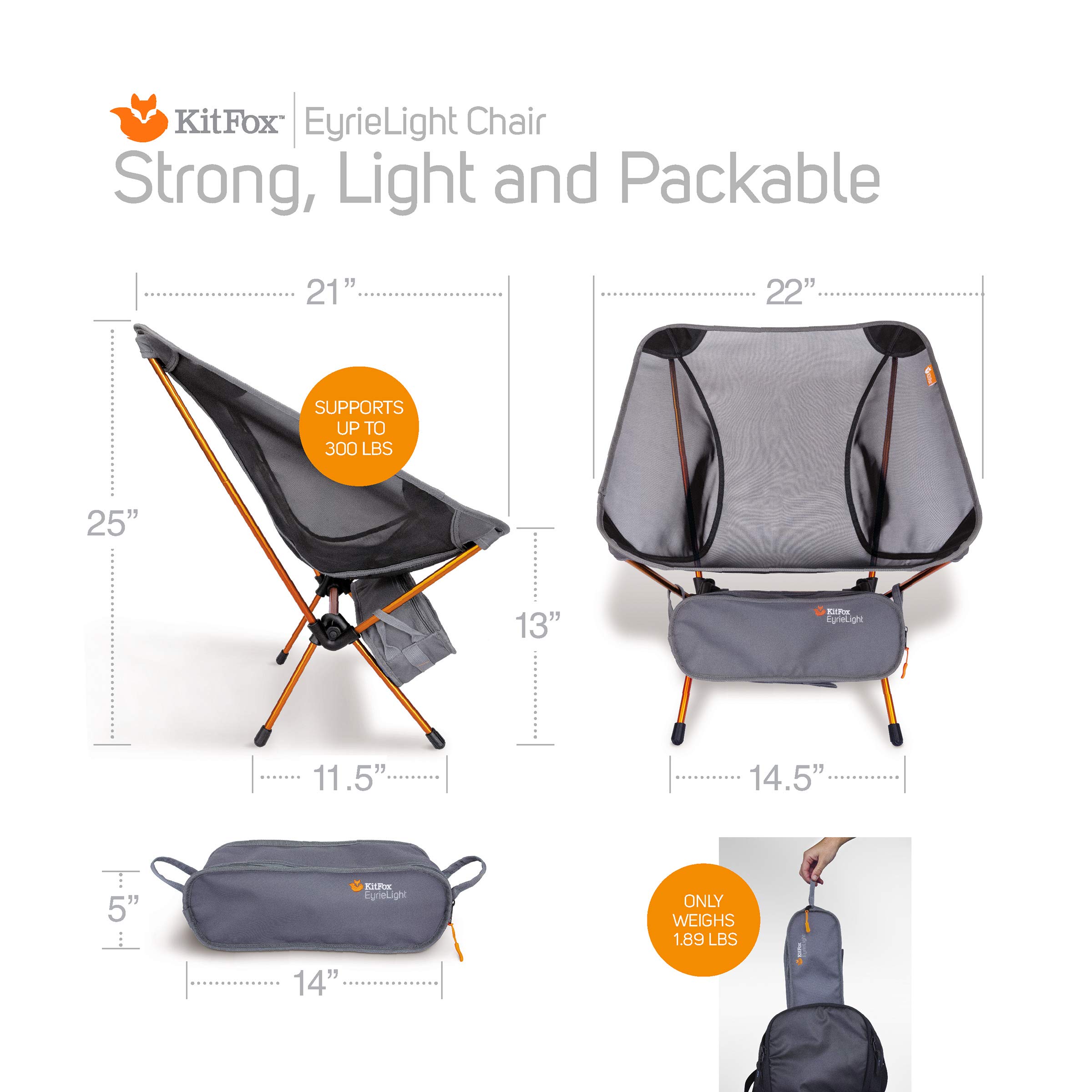 P&J Trading EyrieLight Outdoor Chair – Compact and Lightweight for Backpacking, Camping, Hiking, Beach, Festivals, Tailgating, Kids Sports, Backpacking. Grey mesh with Orange Legs. 1.89lbs
