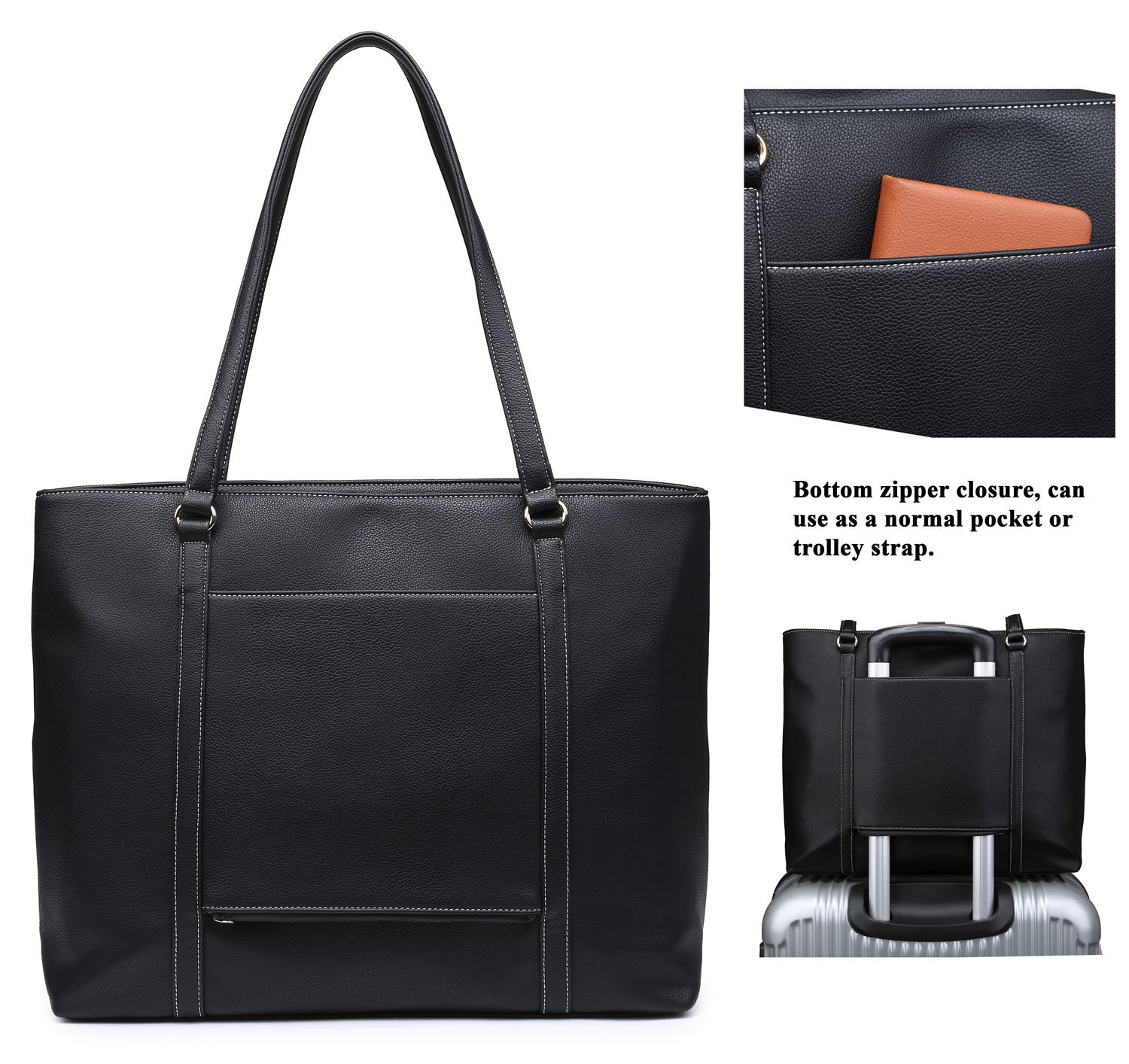 NNEE Classic Laptop Leather Tote Bag for 15 15.6 inch Notebook Computers Travel Carrying Bag with Smart Trolley Strap Design - Black