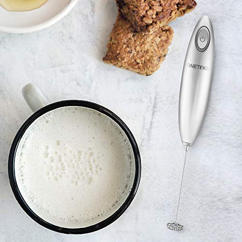 ONETEKS Milk Frother Handheld Battery, Electric Hand Foamer Blender Durable Drink Mixer including Stand, Maker For Coffee, Latte, Cappuccino, Hot Chocolate(Silver)