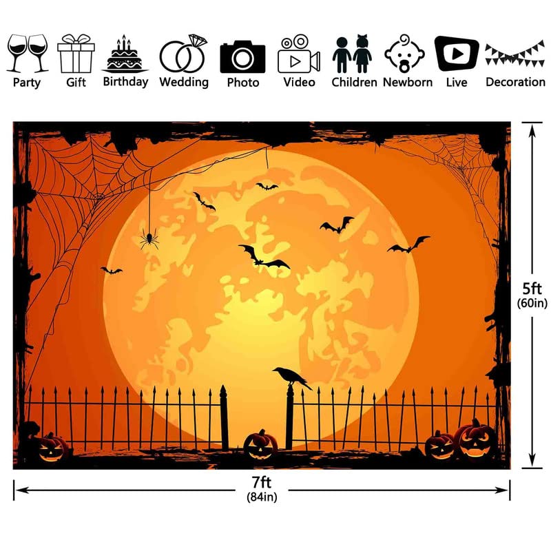 Swepuck 7x5ft Orange Halloween Photo Backdrop for Parties Large Pumpkin Patch Moon Picture Photography Background Kids Witch Haunted House Decorations Banner