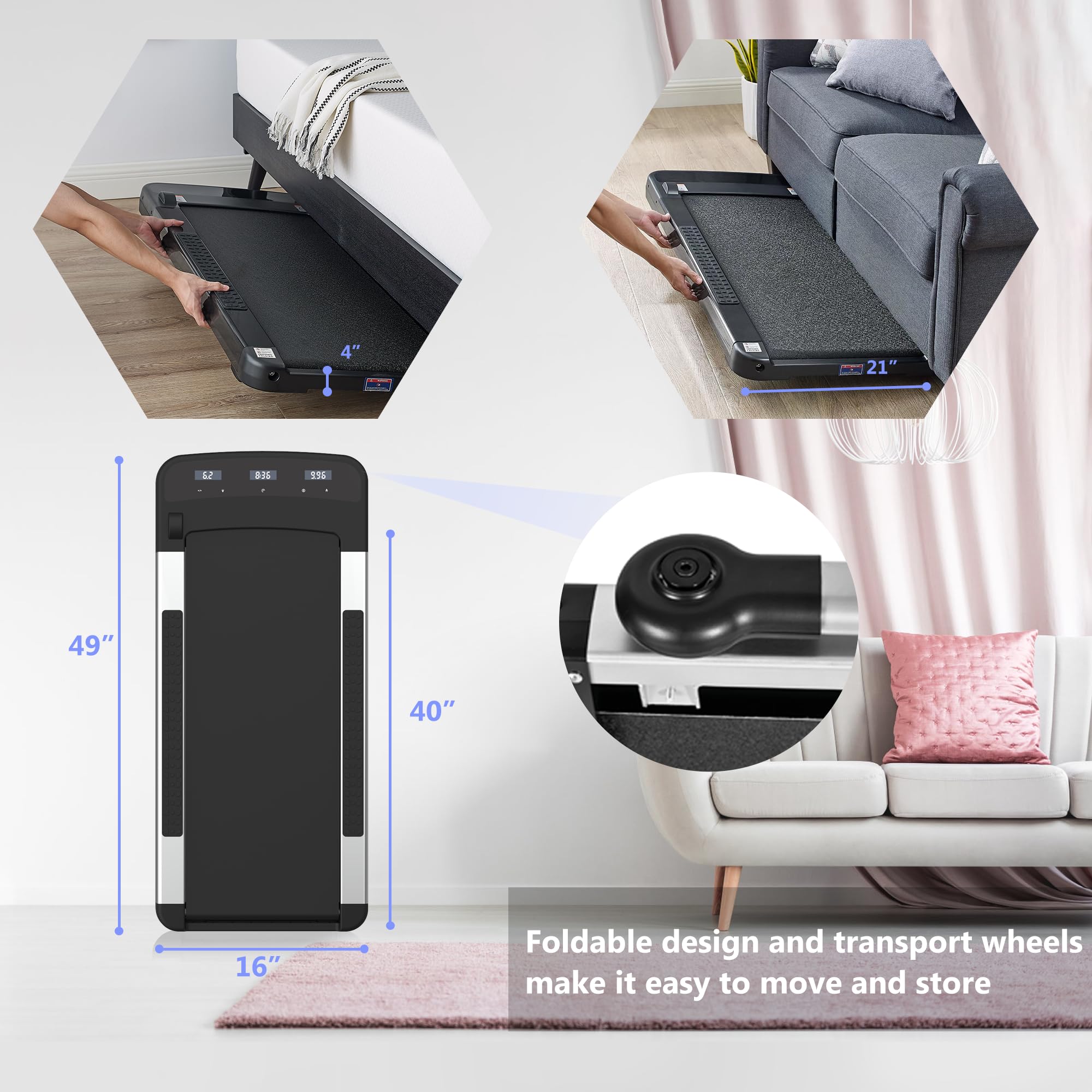 Under Desk Treadmill, Fophet 2-in-1 Walking Pad Treadmill for Home Office Use with Remote Control Quiet Installation-Free Treadmills Walking Jogging with Touchable LED Display Black/Pink/Black &Sliver