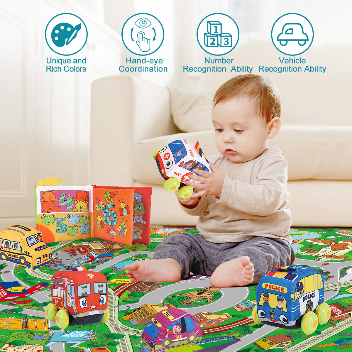 REMOKING Pull-Back Vehicle Toys Set, STEM Soft Vehicle Toy Set 5 Cars with Play Mat, Educational Interesting Cloth Book Set, Great Gifts for Kids 3 Years and up