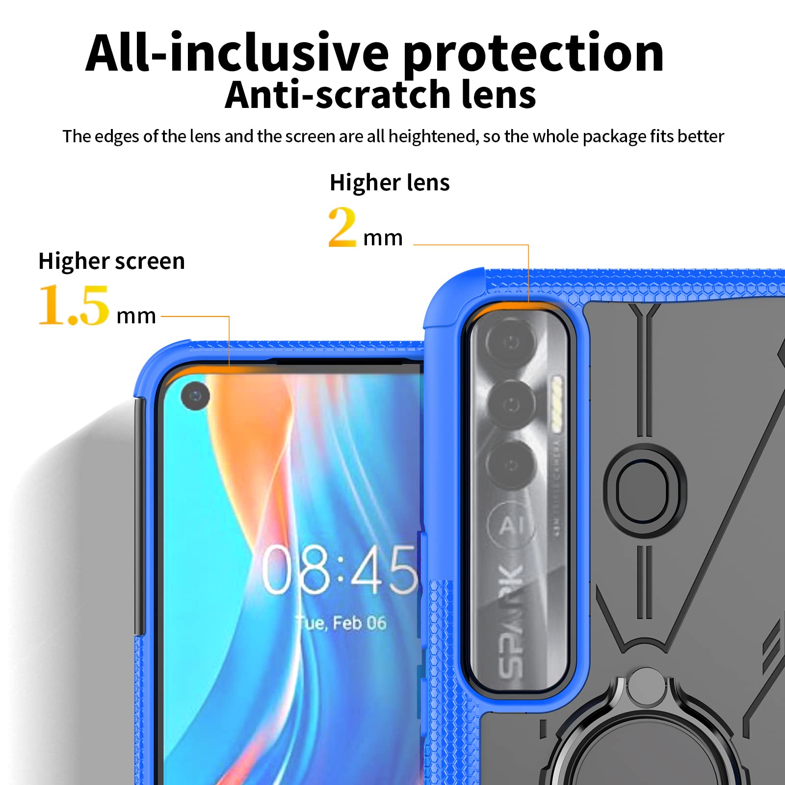 YukeTop Cover for Tecno Spark 7 Pro Case, All-Inclusive Protection, Sturdy, Drop-Resistant, Rear Ring Holder, Cover Protection for Tecno Spark 7 Pro.(Black)