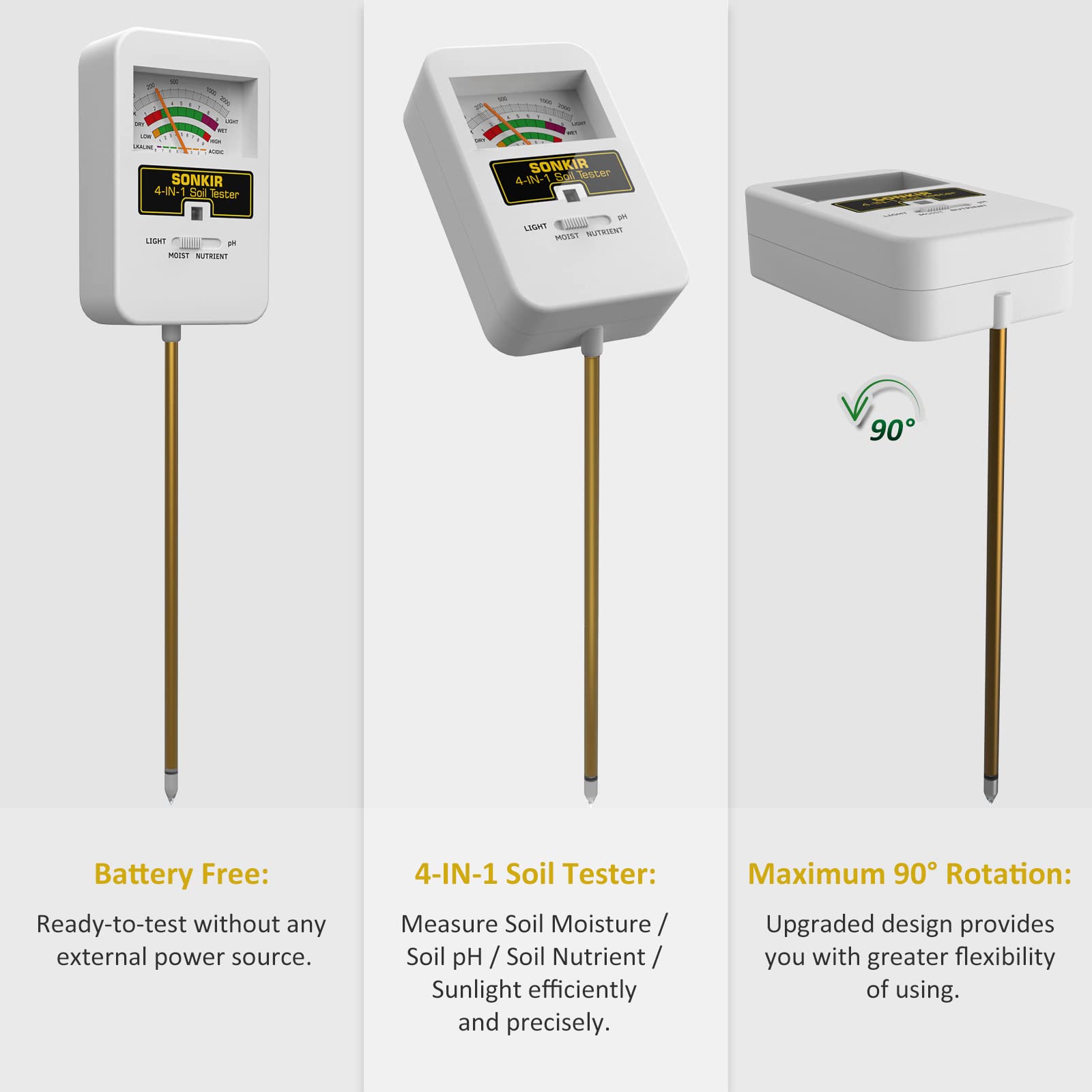 Sonkir Soil Moisture Meter, 4-in-1 Soil Ph Meter, Soil Tester for Nutrients, Moisture, PH and Light, Soil Ph Test Kits for Plant, Great for Garden, Lawn, Indoor & Outdoor Use (No Battery Required)