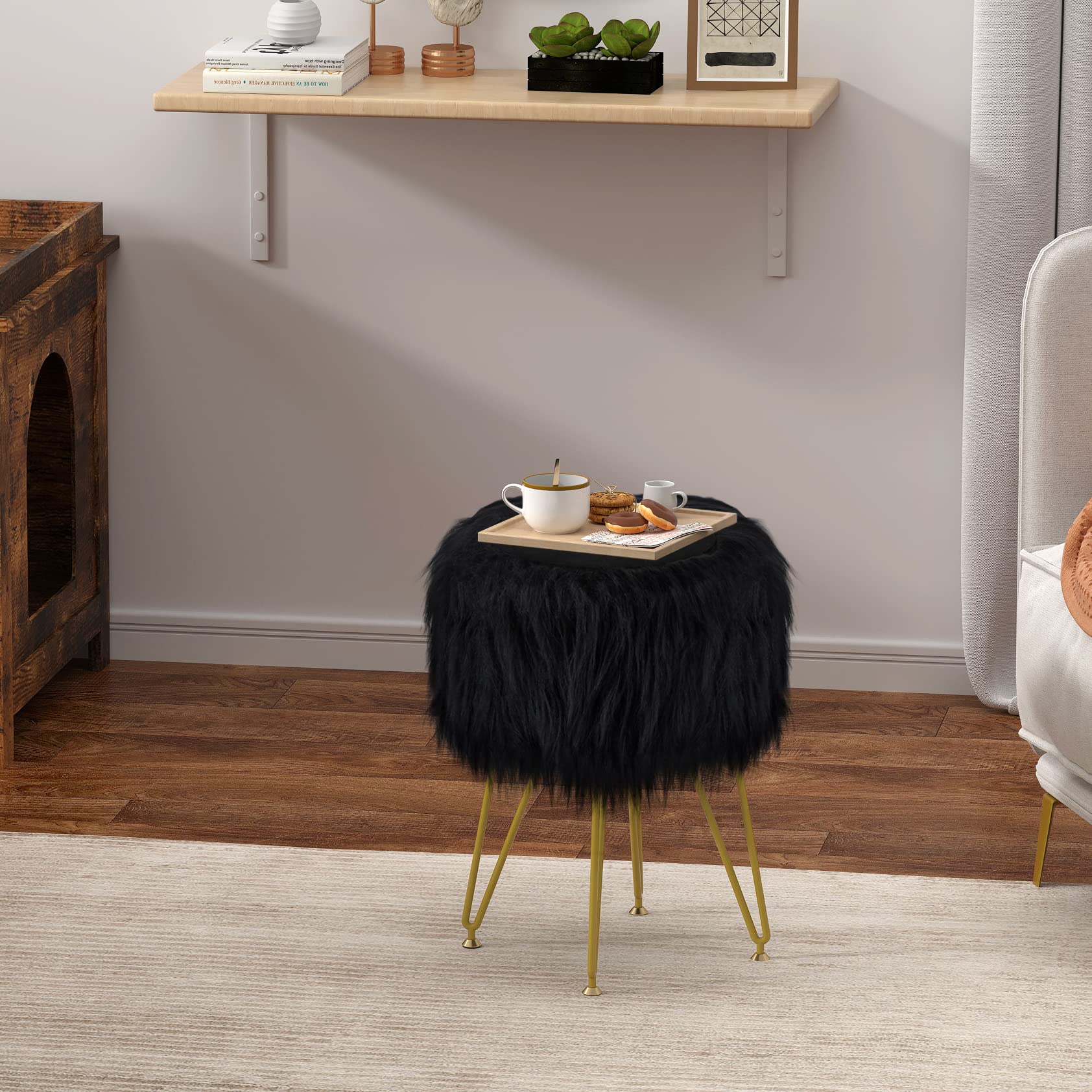 RunLexi Vanity Stool Chair with Storage, Faux Fur Makeup Room Seat Stool, Soft Padded Seat, Round Footrest Footstools with 4 Metal Legs & Adjustable Footings, Vanity, Bathroom, Bedroom Chairs Black
