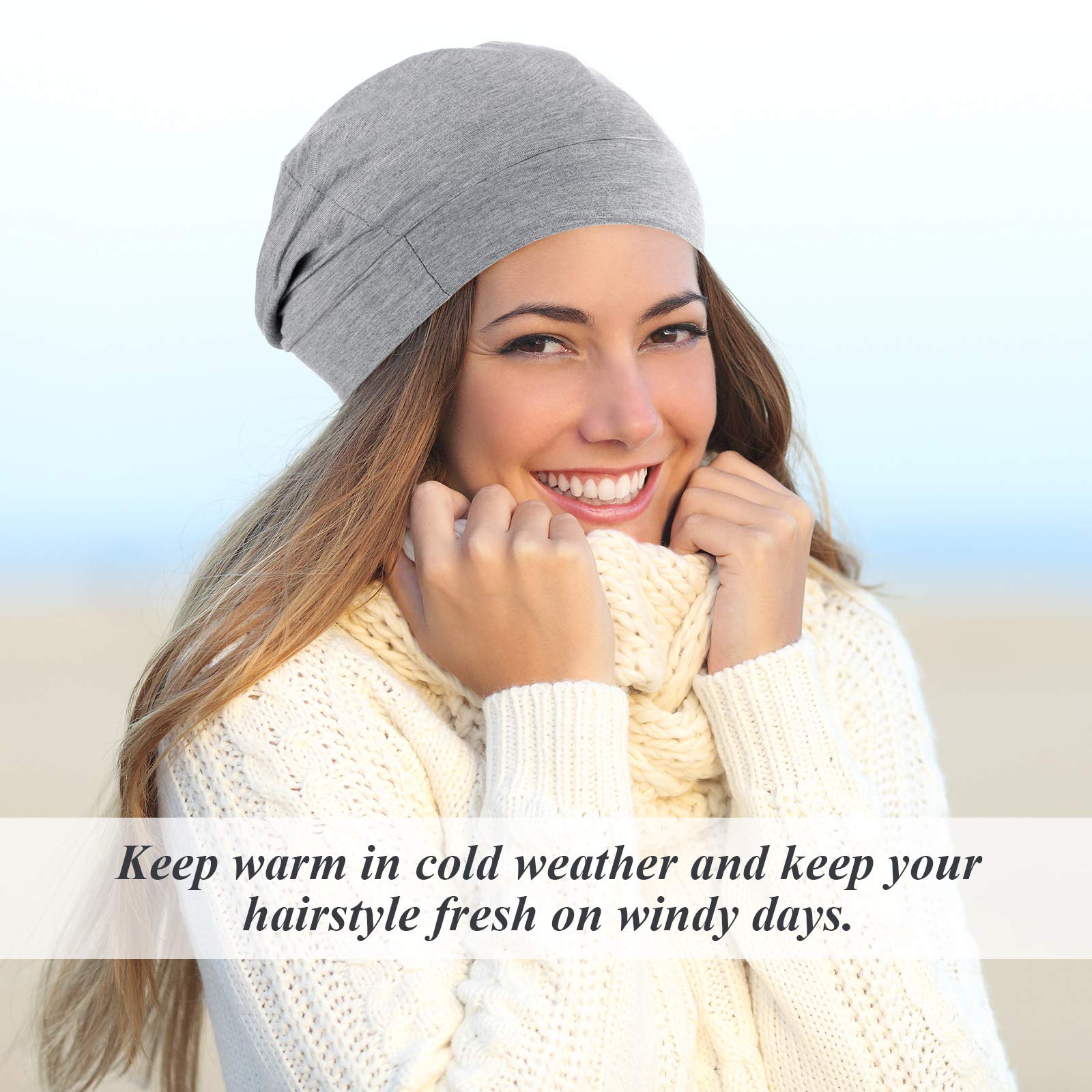 Syhood 4 Pieces Satin Lined Sleep Caps for Women Skull Beanie Elastic Slouchy Night Bonnet Hat
