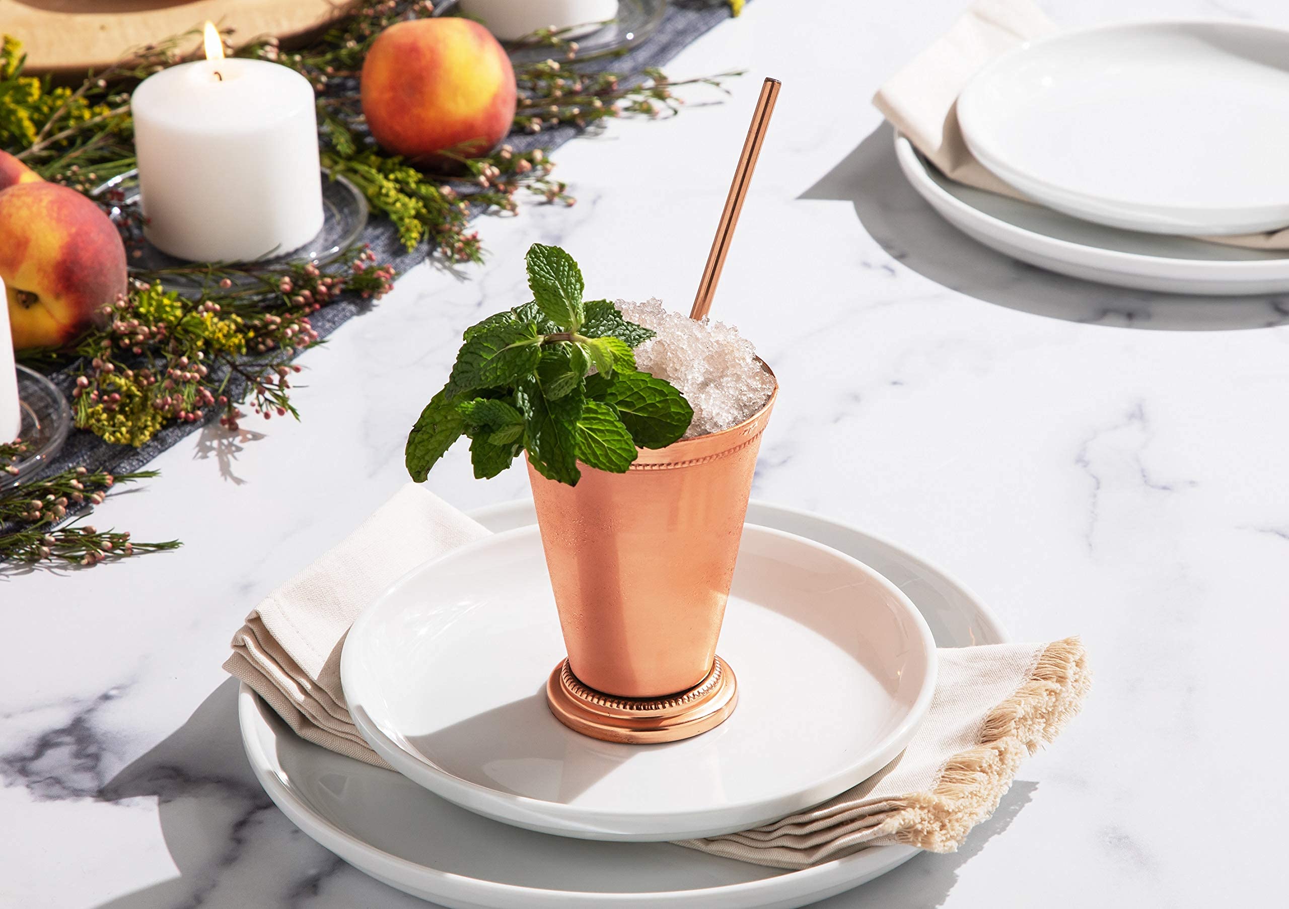 Sol Living Mint Julep Cups Gift Set of 4, 12 oz. Stainless Steel Silver Cups with 4 Drinking Straws Kentucky Derby Cups Premium Handcrafted Barware Set for Cocktails Mixed Drinks