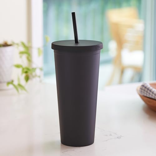 Zephyr Canyon 24oz Matte Black Tumblers with Lids and Straws - Pastel Double Wall Tumbler - Insulated Acrylic Cups for Hot & Cold Drinks, Spill-Proof Reusable Iced Coffee Cup, Set of 4