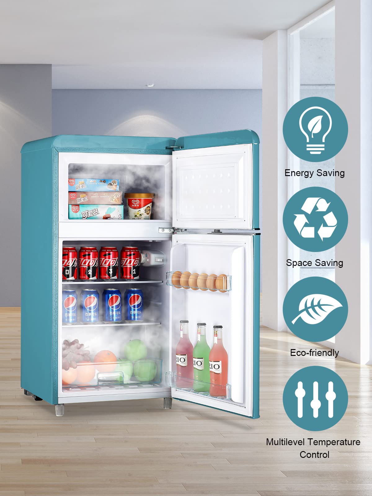 WANAI Compact Refrigerator 3.5 Cu.Ft Retro Mini Fridge with Freezer Dual Door Small Refrigerator with Adjustable Temperature,LED Lights, Removable Shelves, Mini Refrigerator for Dorm, Office, Bedroom