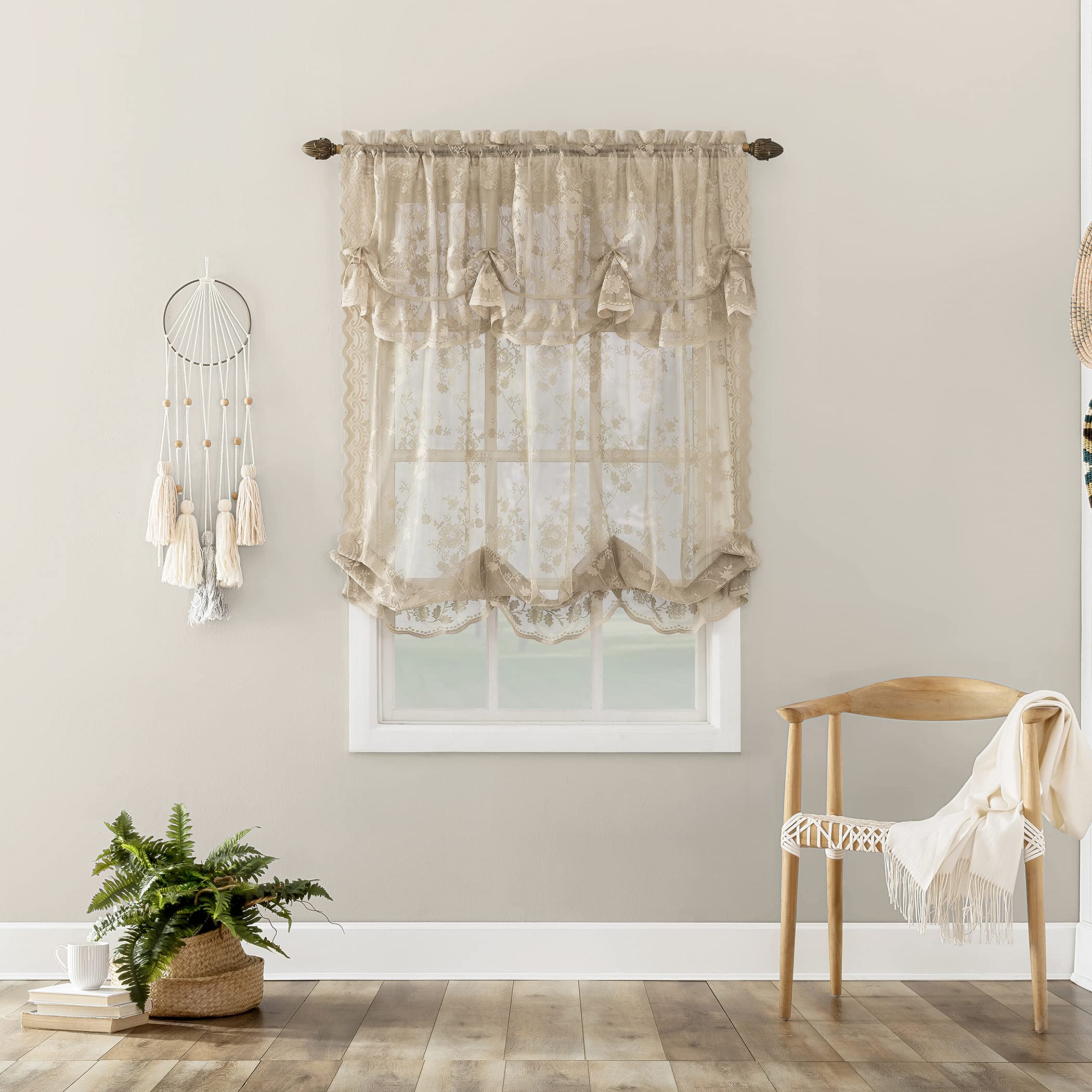 No. 918 Alison Floral Lace Sheer Rod Pocket Window Tie-up Shade, 58" x 64", Stone