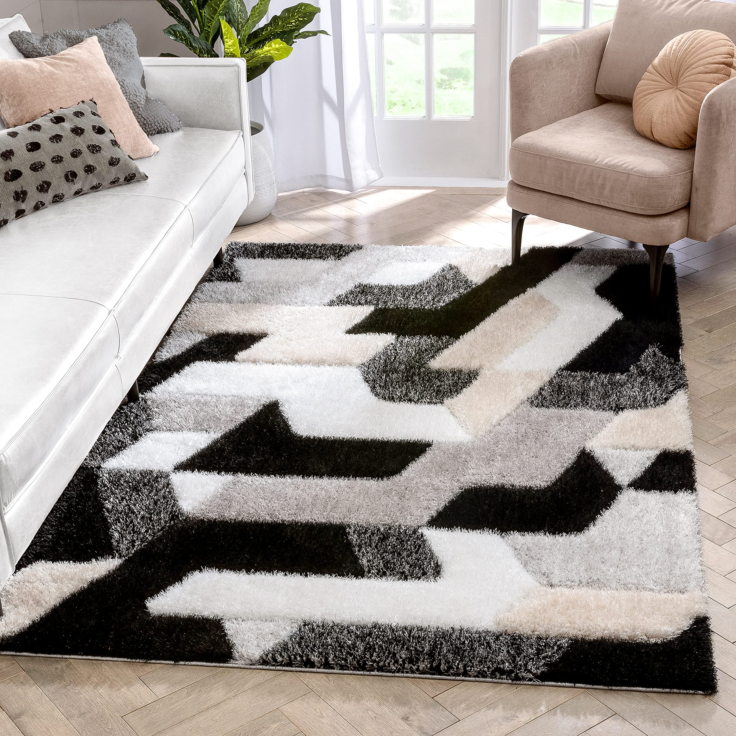 Well Woven Ahrim Grey & Black Thick & Soft Geometric Shag Area Rug 5x7 (5' x 7'3")