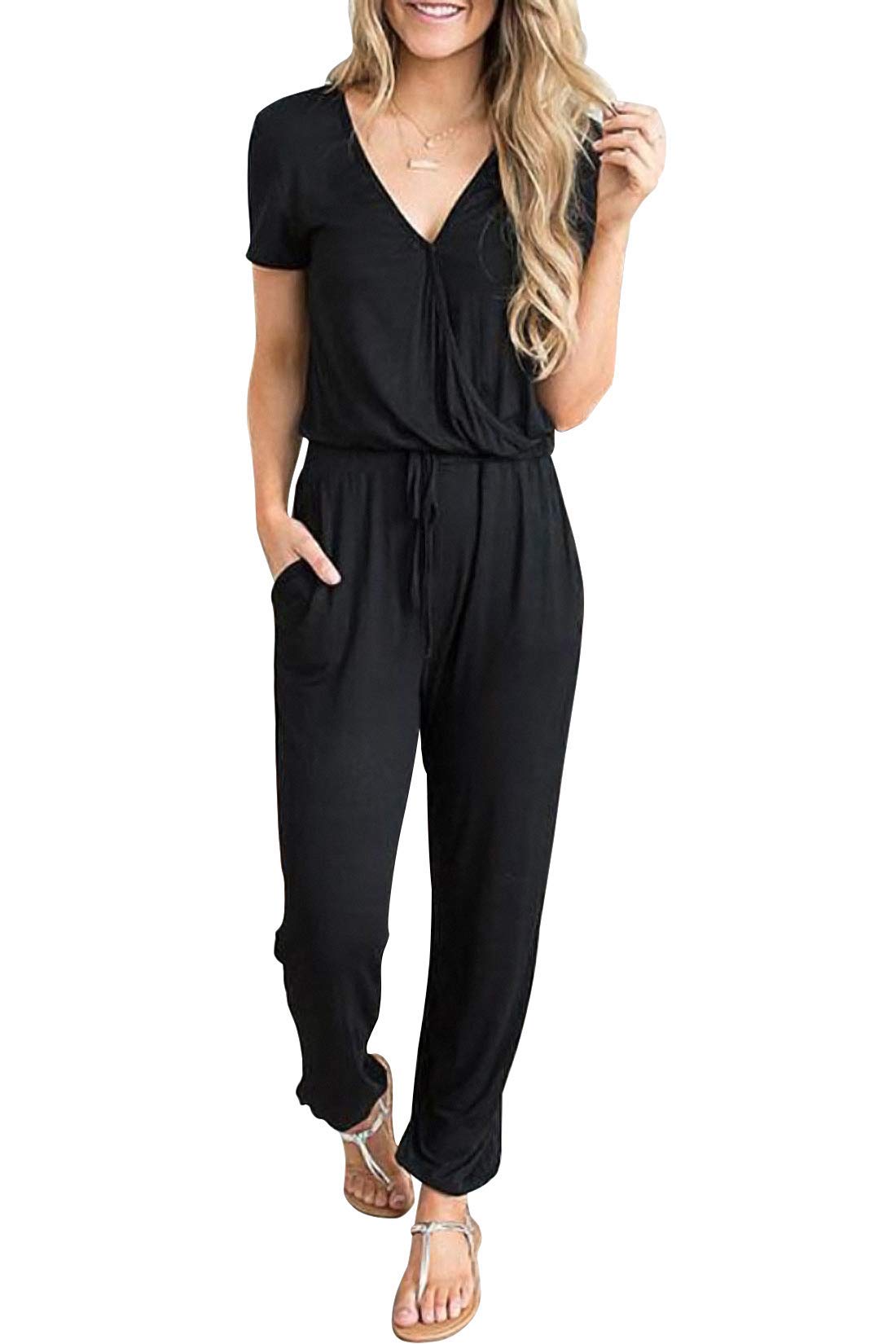 PRETTYGARDEN Women's Summer Casual Deep V Neck Short Sleeve Wrap Drawstring Waist Jumpsuit Romper (Black,Large)