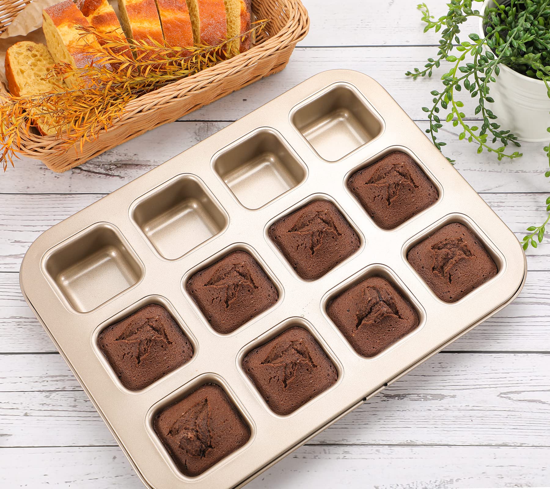 Webake Brownie Cake Pan, 12-Cavity Non-Stick Square Muffin Pan 1.6 Inch Deep Brownie Mold Small Cake Pan Bakeware for Oven Baking (Champagne Gold)