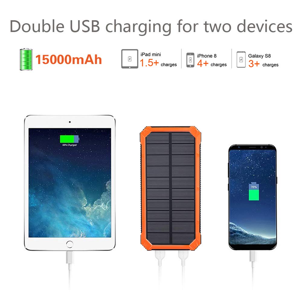 Solar Charger Power Bank, 15,000mAh External Battery Pack with Dual USB Ports and 6 LED Strong Light Flashlight,for iPhone, Smartphones, Tablets, Digital Cameras and More.