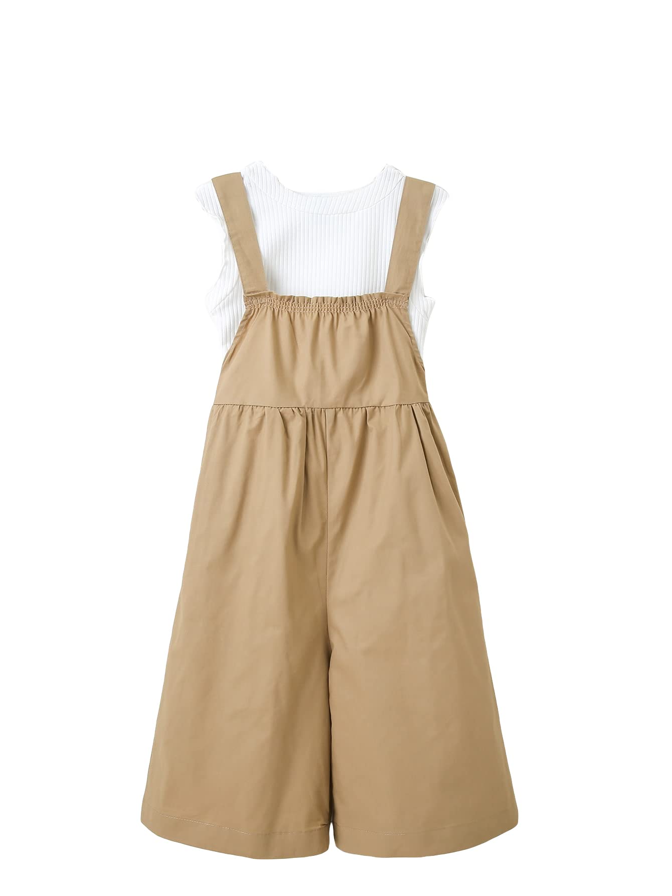 OYOANGLE Girl's Summer Casual 2 Pieces Pants Set Ribbed Tank Top and Overall Jumpsuit Set Khaki and White 150