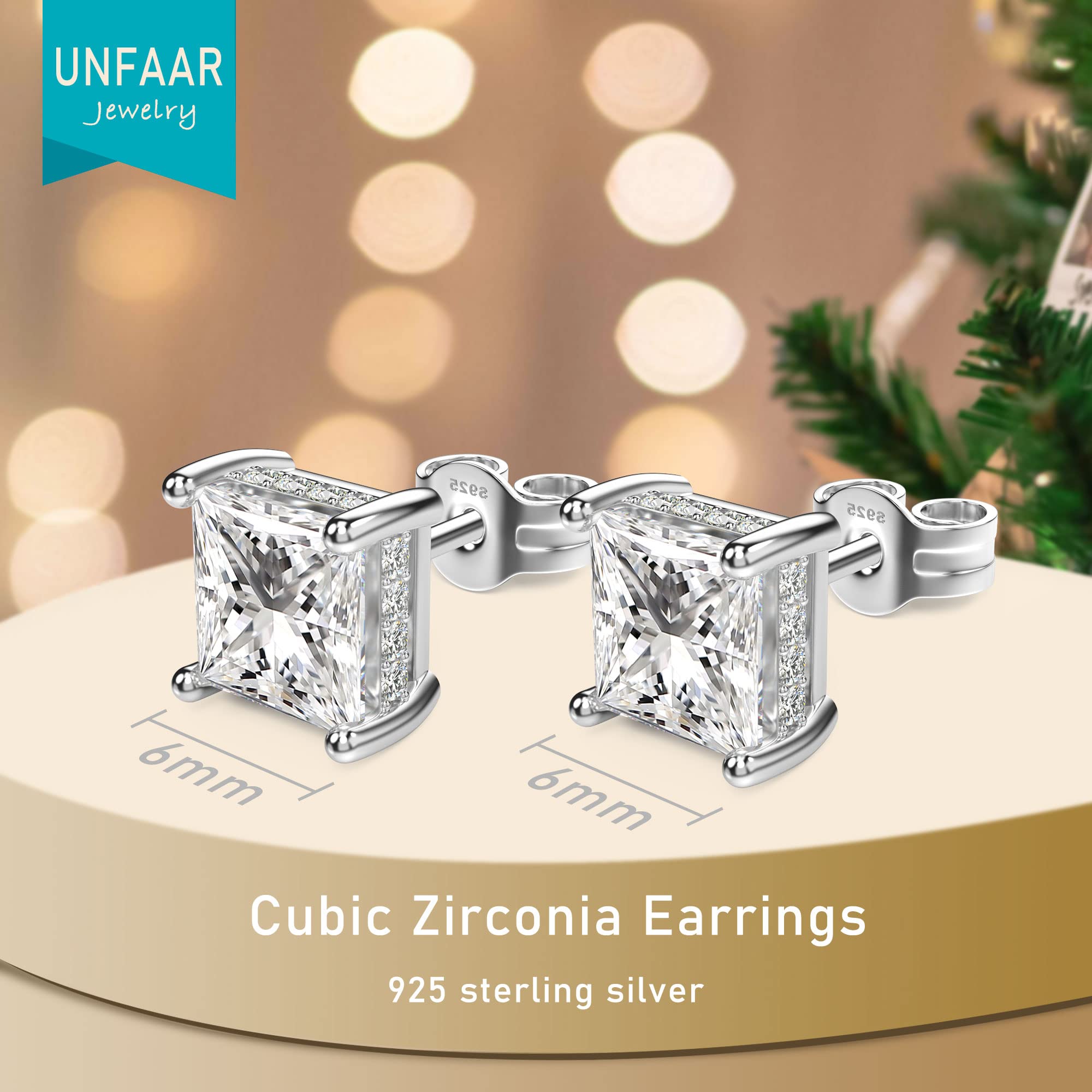 UNFAAR 18K White Gold Plated Sterling Silver Princess Cut Cubic Zirconia Stud Earrings Square CZ Diamond Stud Earrings for Women Men Hypoallergenic (6MM, Clear)