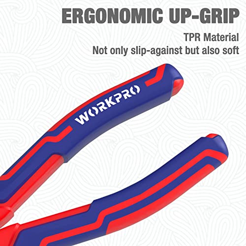 WORKPRO Premium 8” Needle Nose Pliers, Paper Clamp Precision, Heavy-Duty CRV Steel, Large Soft Grip with Wire Cutter, Long Nose Cutting Pliers, W031269