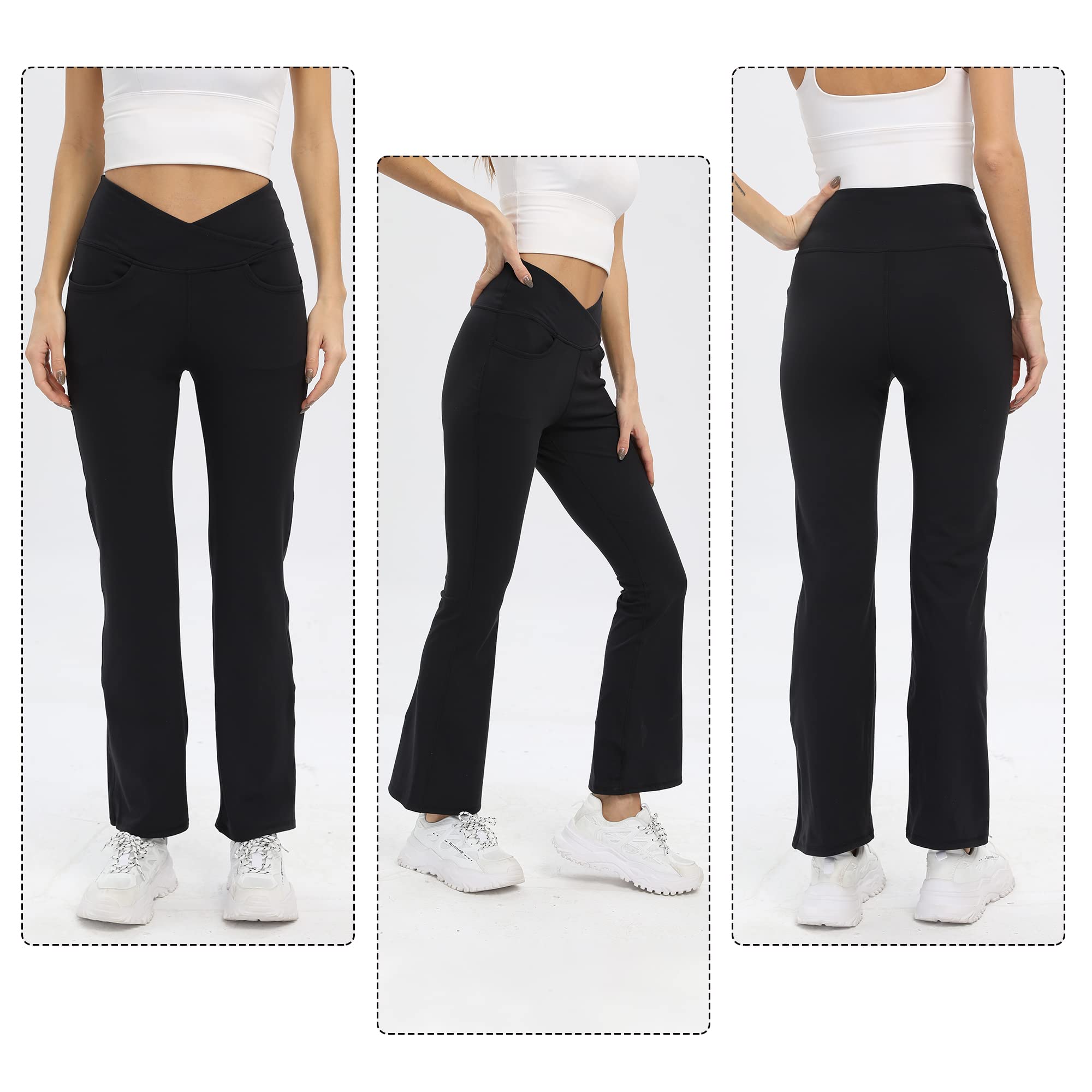 Yinowe Women's Bootcut Yoga Pants V Crossover High Waisted Long Flare Legging Work Pants with Pockets Black