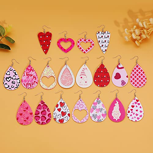 Valentine's Day Leather Earrings for Women Lightweight Faux Leather Teardrop Dangle Earrings Heart-Shaped Print Drop Earrings Set Valentine Day Gift for Girlfriend