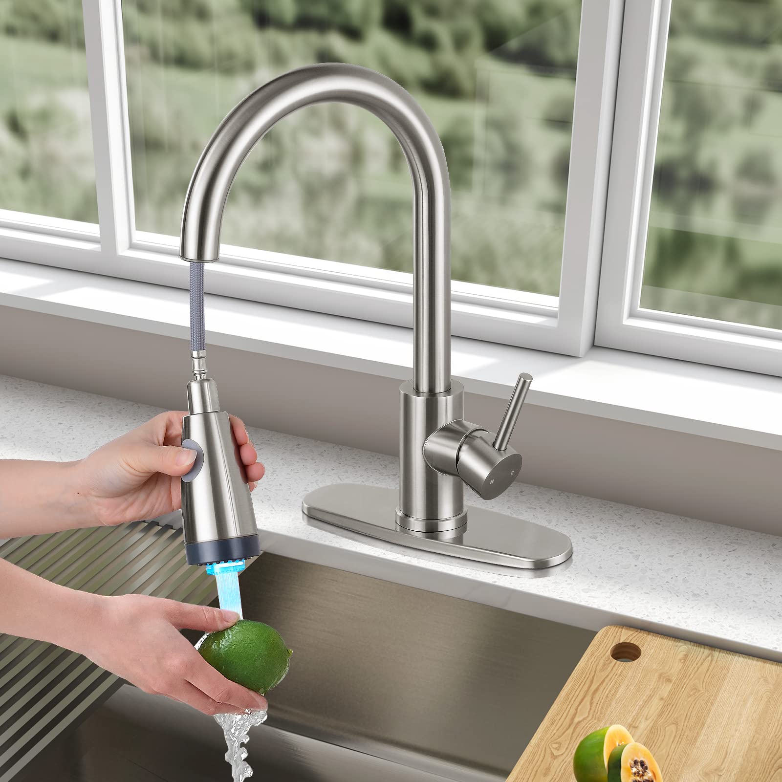 Qomolangma LED Kitchen Faucet with Pull Down Sprayer, Brushed Nickel Single Handle Kitchen Sink Faucet with Pull Out Sprayer, Stainless Steel