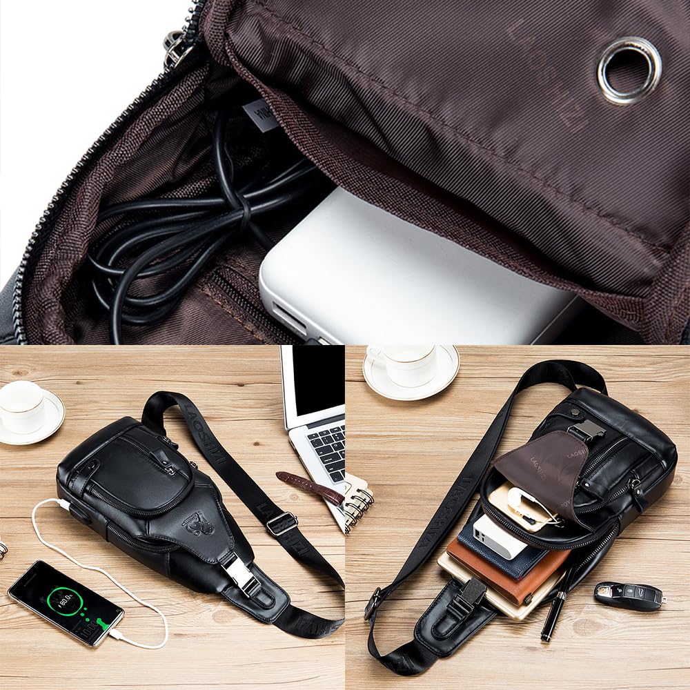 pundarika Leather Sling Bag for Men,small Crossbody Shoulder bag for men,men’s shoulder pack crossbody sling backpack.-black