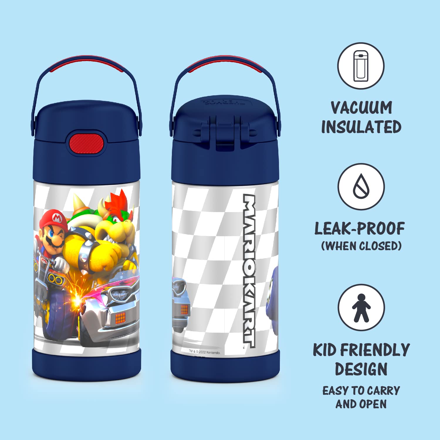 THERMOS FUNTAINER 12 Ounce Stainless Steel Vacuum Insulated Kids Straw Bottle, Super Mario Brothers