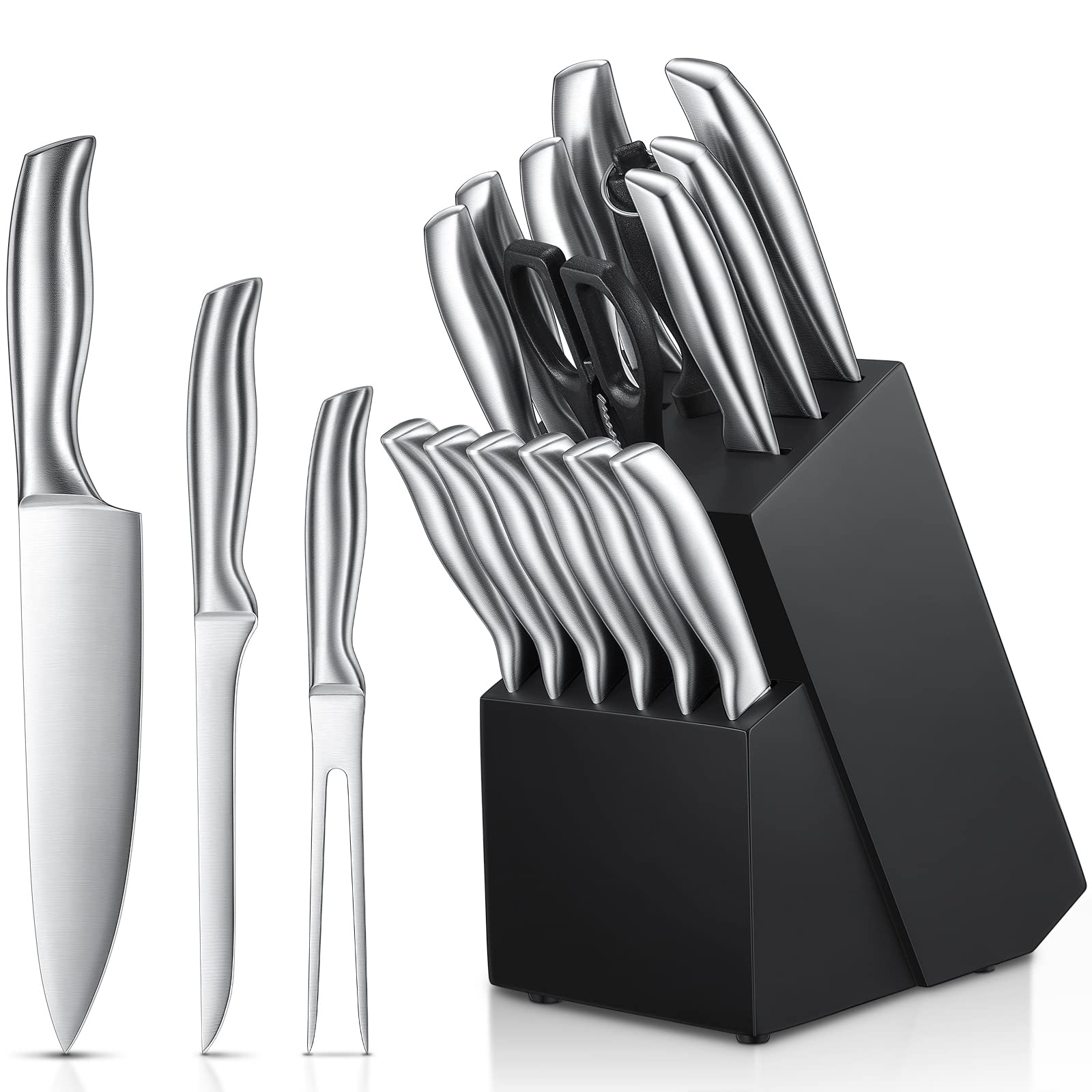 ZAWS Knife Set, 16PCS Stainless Steel Kitchen Set with Hollow Handle, Super Sharp One Piece Design Knives Black Wood Block, Including Chef Knife, Bread Steak
