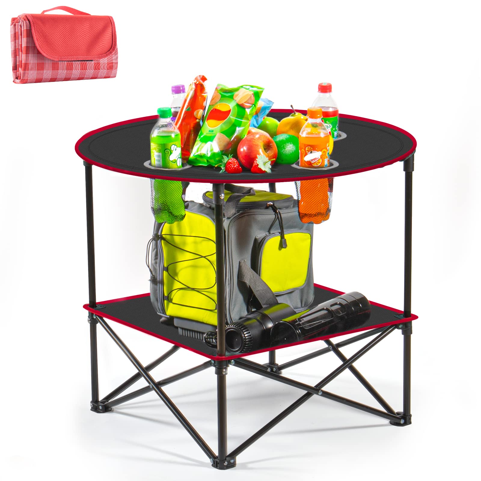 Yzsog Portable Canvas Table, Collapsible Canvas Travel Table Comes with Picnic Blanket, Portable Camping Table with 4 Cup Holders & Carry Bags for Outdoor Picnic, Travel and Camping