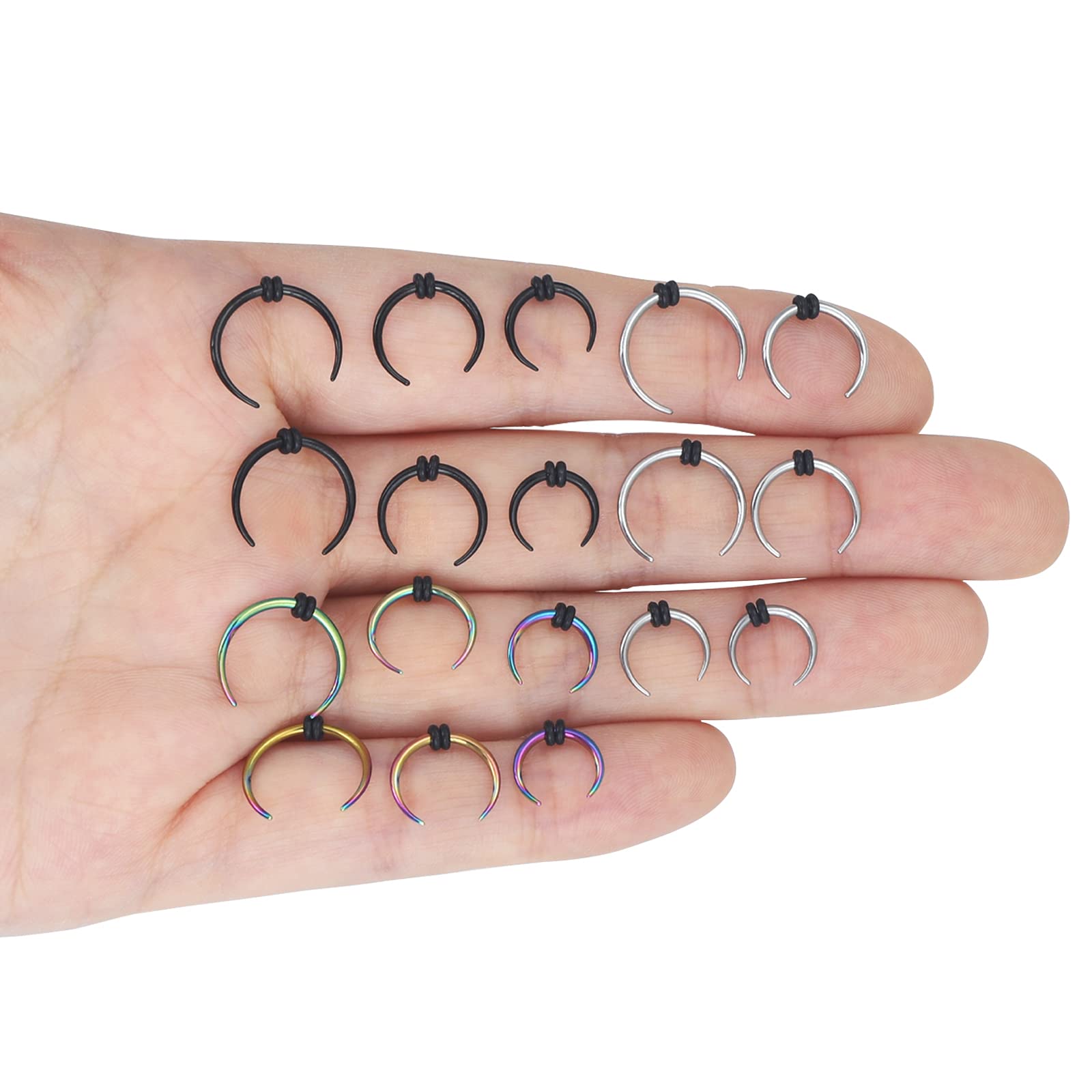 YOFANST 16g Stainless Steel Crescent Pincher Septum Rings C Shape Buffalo Horseshoes Taper Set, 9 Pairs