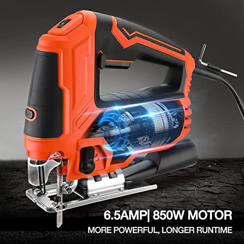 ValueMax Jig Saw, 6.5AMP Corded Electric Jigsaw with 6 Variable Speeds, 4-Position Orbital Setting, ±45° Bevel, Dust Blower and 6Pc Blades, Jigsaw Tool Kit for Wood, Metal and Plastic Cutting