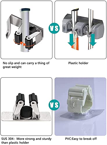 Zollyss Broom Mop Holder Wall Mount Stainless Steel Wall Mounted Storage Organizer Heavy Duty Tools Hanger with 5 Racks 4 Hooks for Kitchen Bathroom Closet Garage Office Garden-1Pc