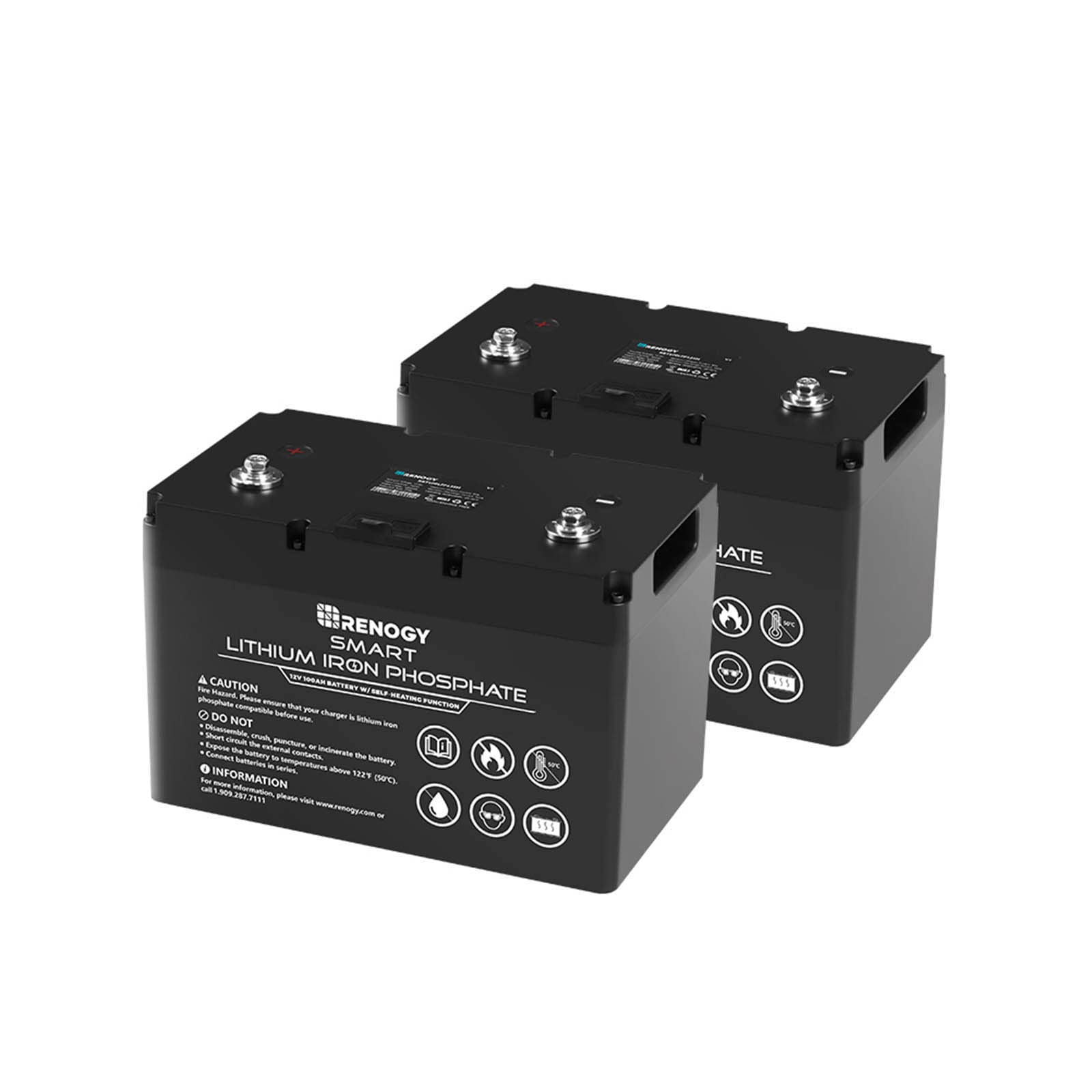 Renogy 2 Pack Smart Lithium-Iron Phosphate Battery 12V 100Ah w/Self-Heating Function for RV, Solar, Marine, and Off-Grid Applications