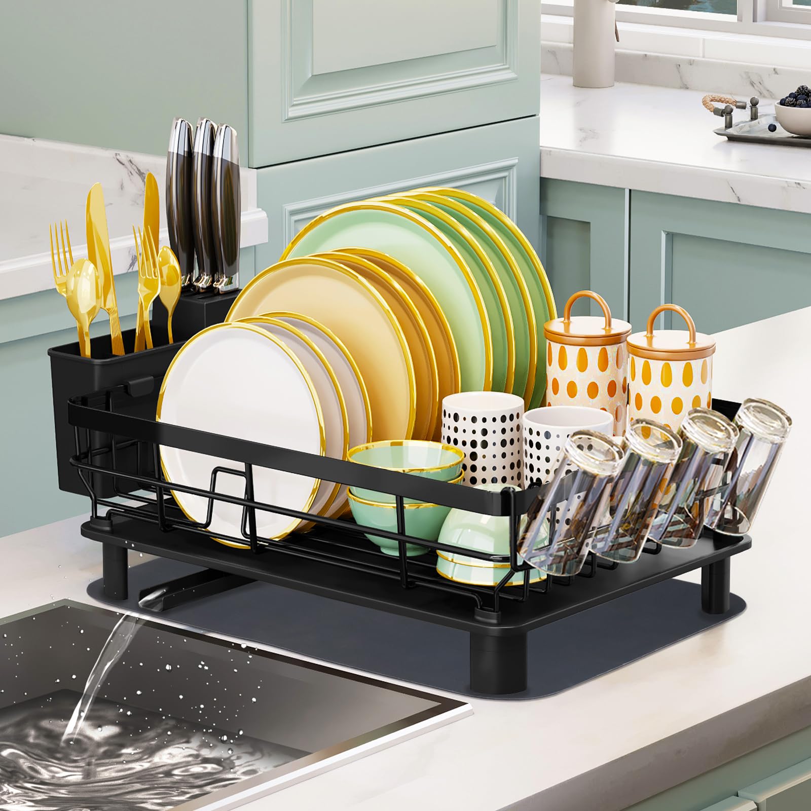 Mulaibdin Dish Drying Rack, 1-Tiers Dish Rack, Large Drying Rack for Kitchen Counter, Dish Drainers with Drainboard and Extra Dish Drying Mat, Dish Strainers for Kitchen Sink