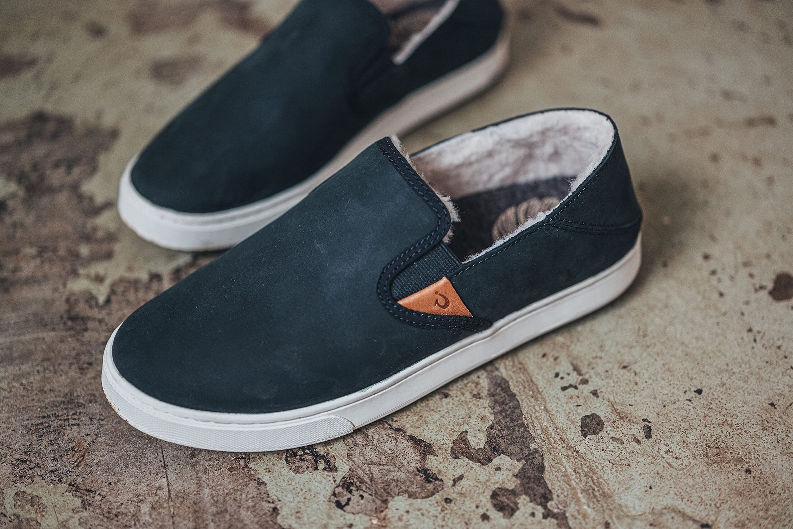 OLUKAI Pehuea Heu Women's Slip-On Sneakers, Genuine Shearling & Premium Waterproof Nubuck Leather, Cozy Slippers with Drop-In Heel Design, Lava Rock/Lava Rock, 9